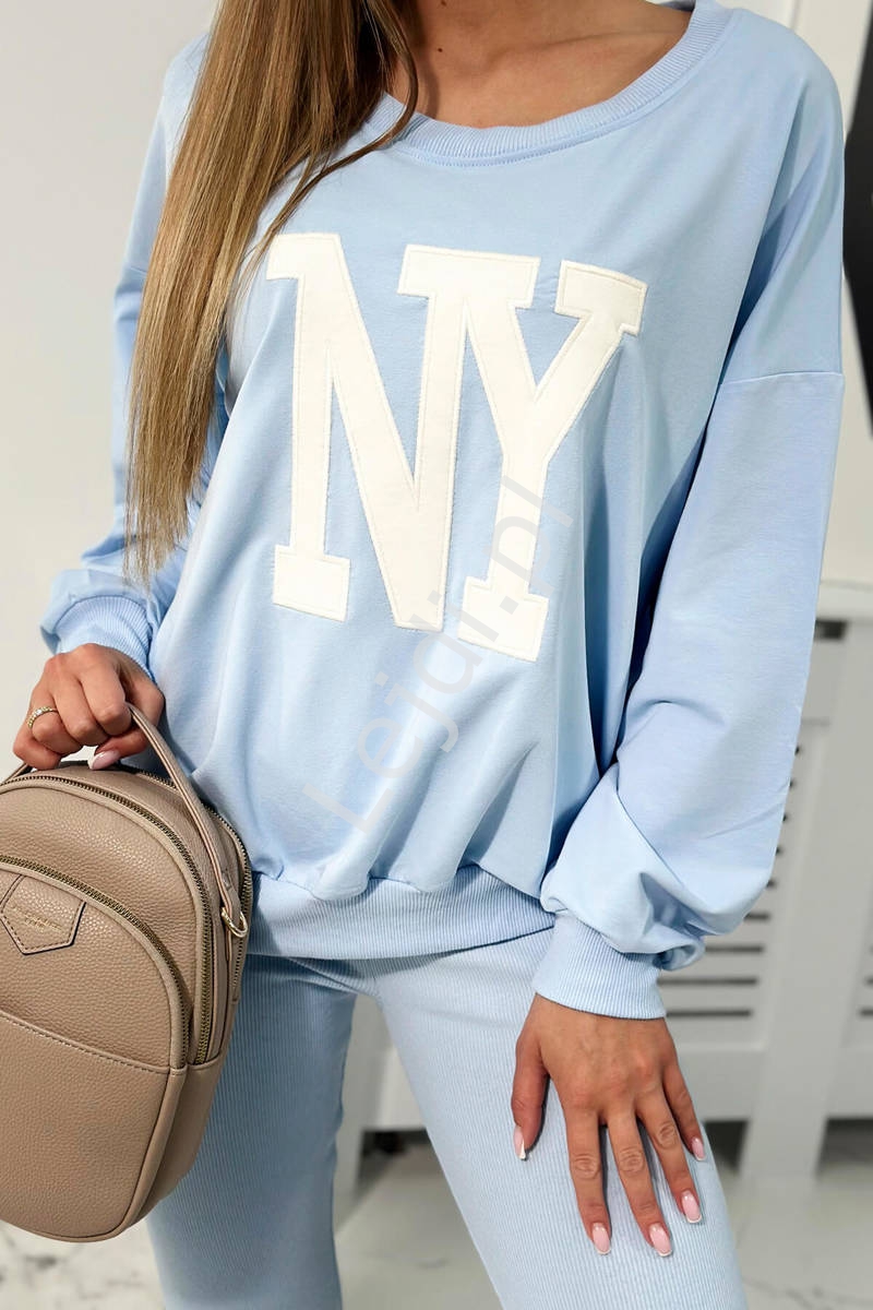 Błękitne dresy damskie New York, luźna bluza i legginsy w prążek