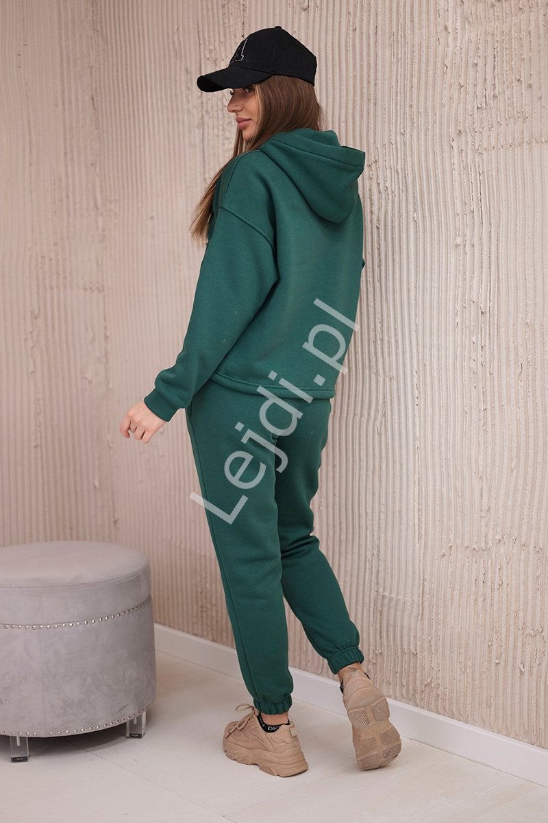 Ciemno zielony ocieplany komplet dresowy, grube dresy damskie
