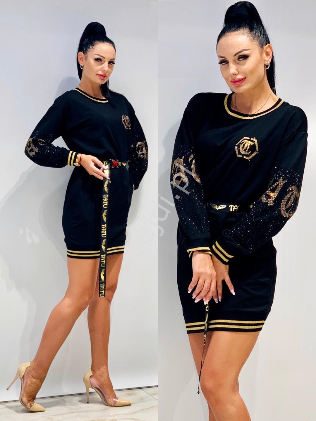 Czarna dzianinowa sukienka z kryształkami, Tatu fashion