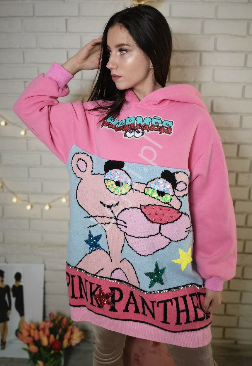 Dzianinowo bawełniana sukienka z różową Panterą, Pink Panther Premium dress
