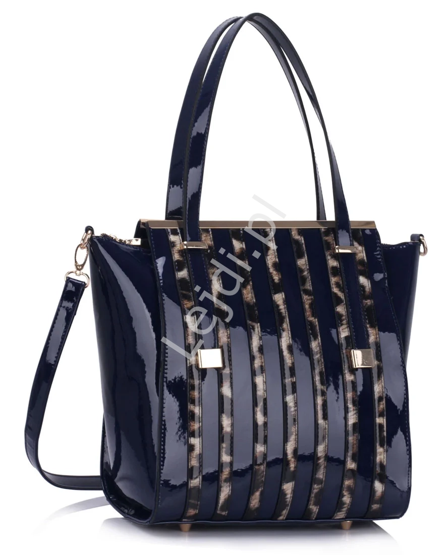Lakierowana torebka damska granatowa z panterkowymi wstawkami 381