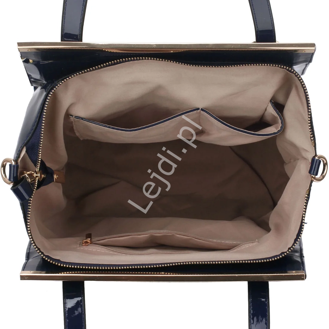 Lakierowana torebka damska granatowa z panterkowymi wstawkami 381